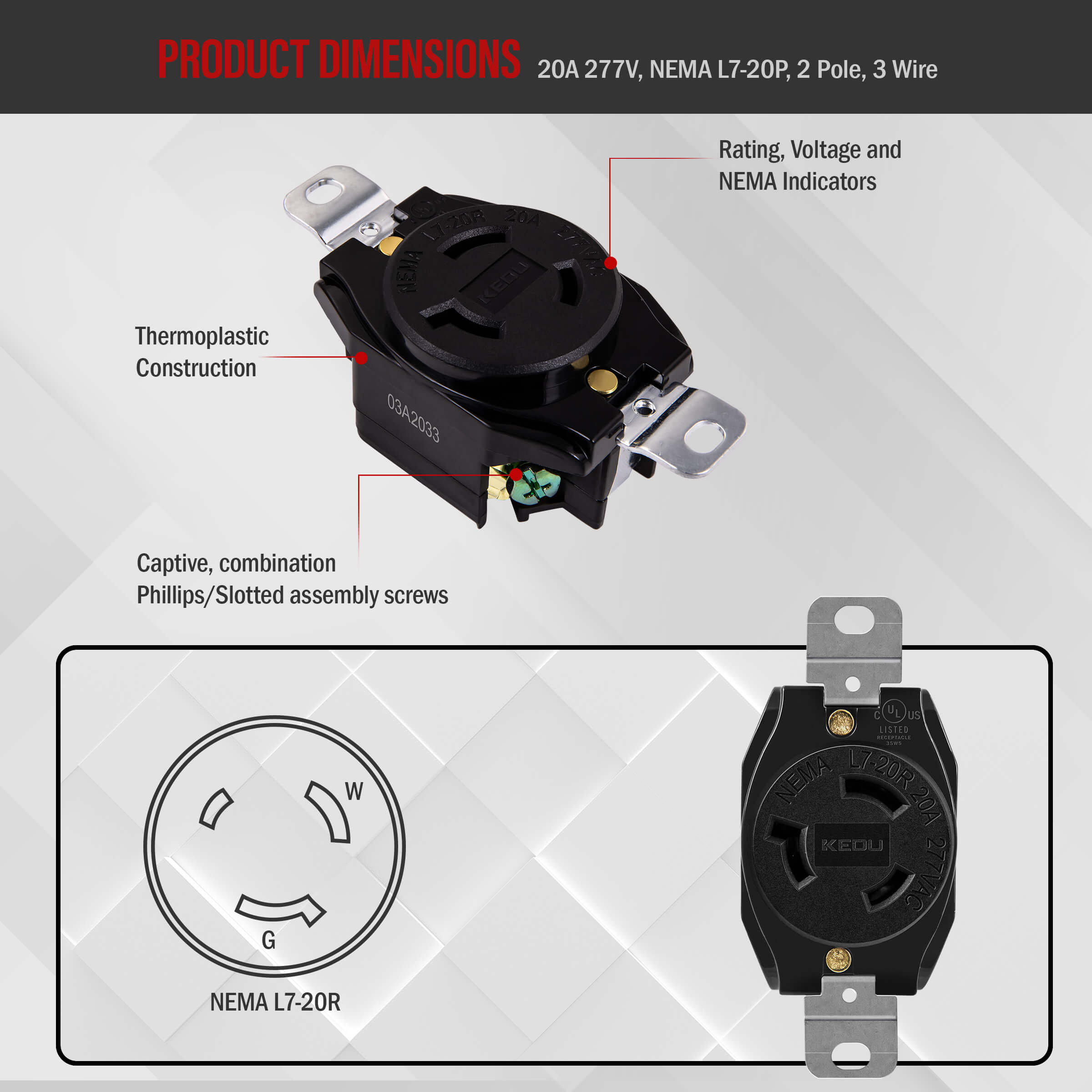 ENERLITES Locking Receptacle, NEMA L7-20C, 20A 277VAC, Industrial Grade ...